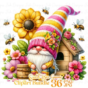 Watercolor Bee Gnome Clipart Bundle: Flower Garden PNG Graphics ...