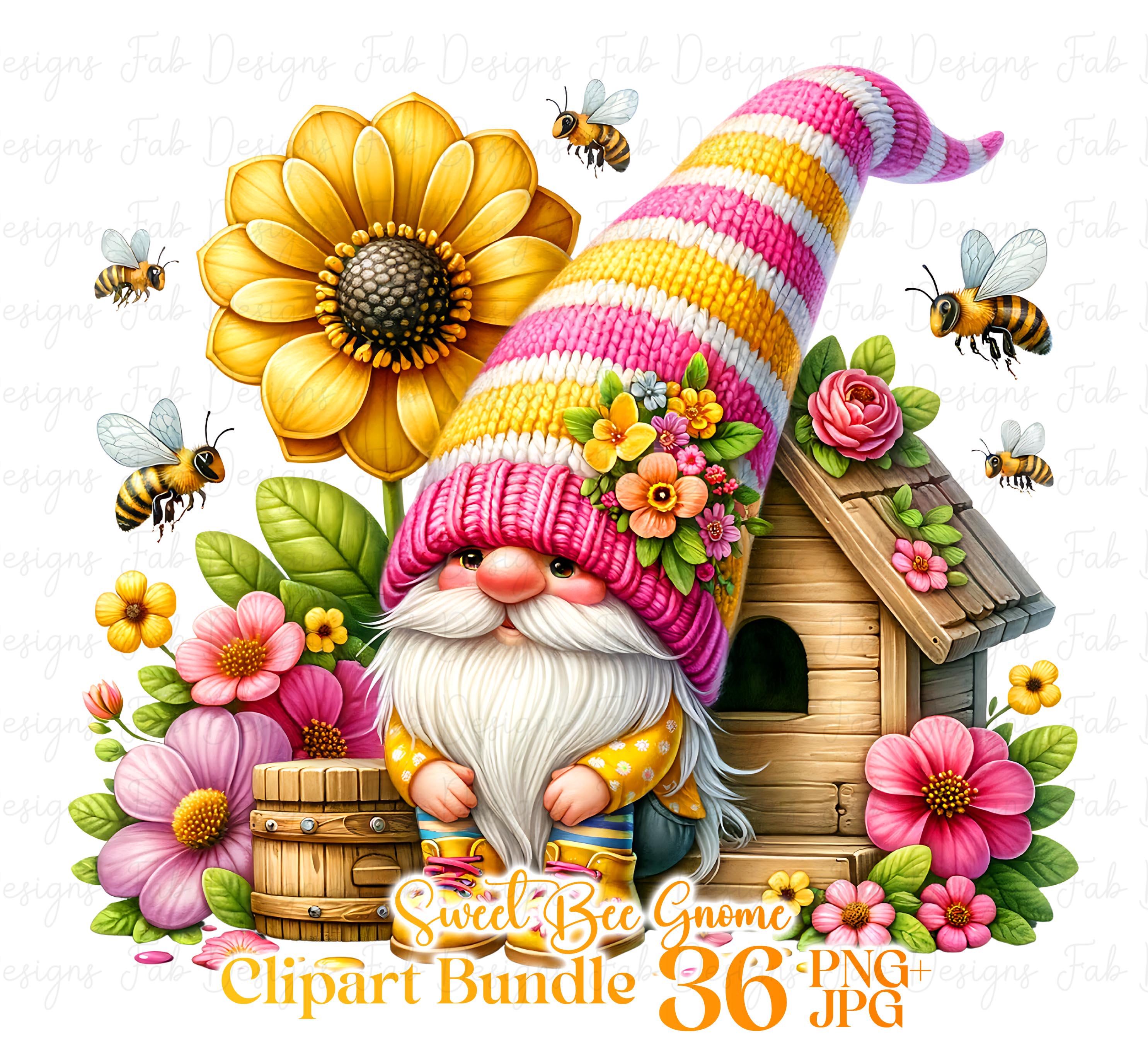 Watercolor Bee Gnome Clipart Bundle: Flower Garden PNG Graphics ...