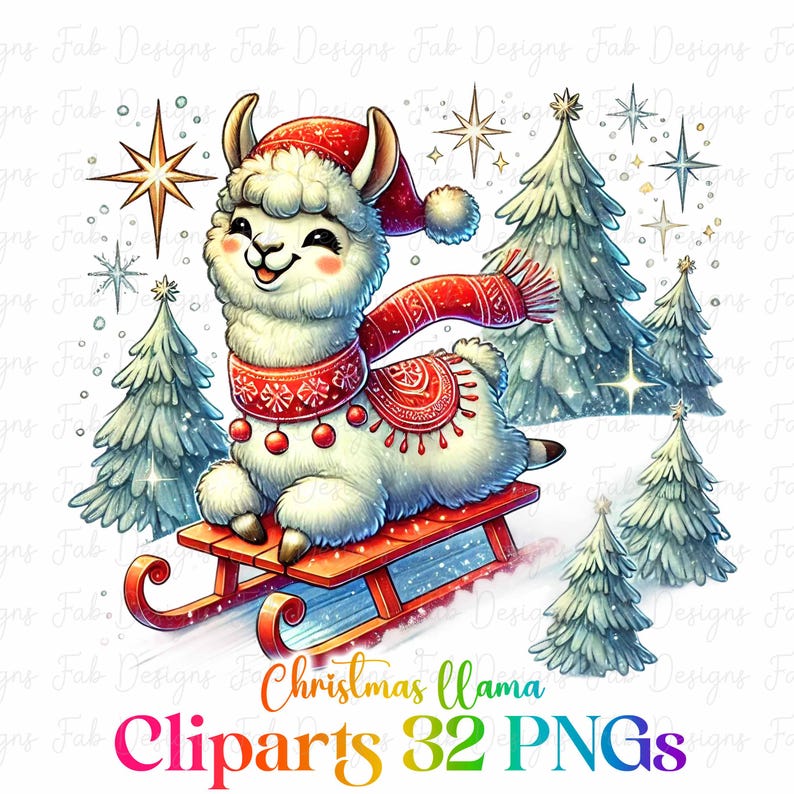 Christmas Llama PNG Clipart, Holiday Alpaca With Wreath & Gift, Festive ...