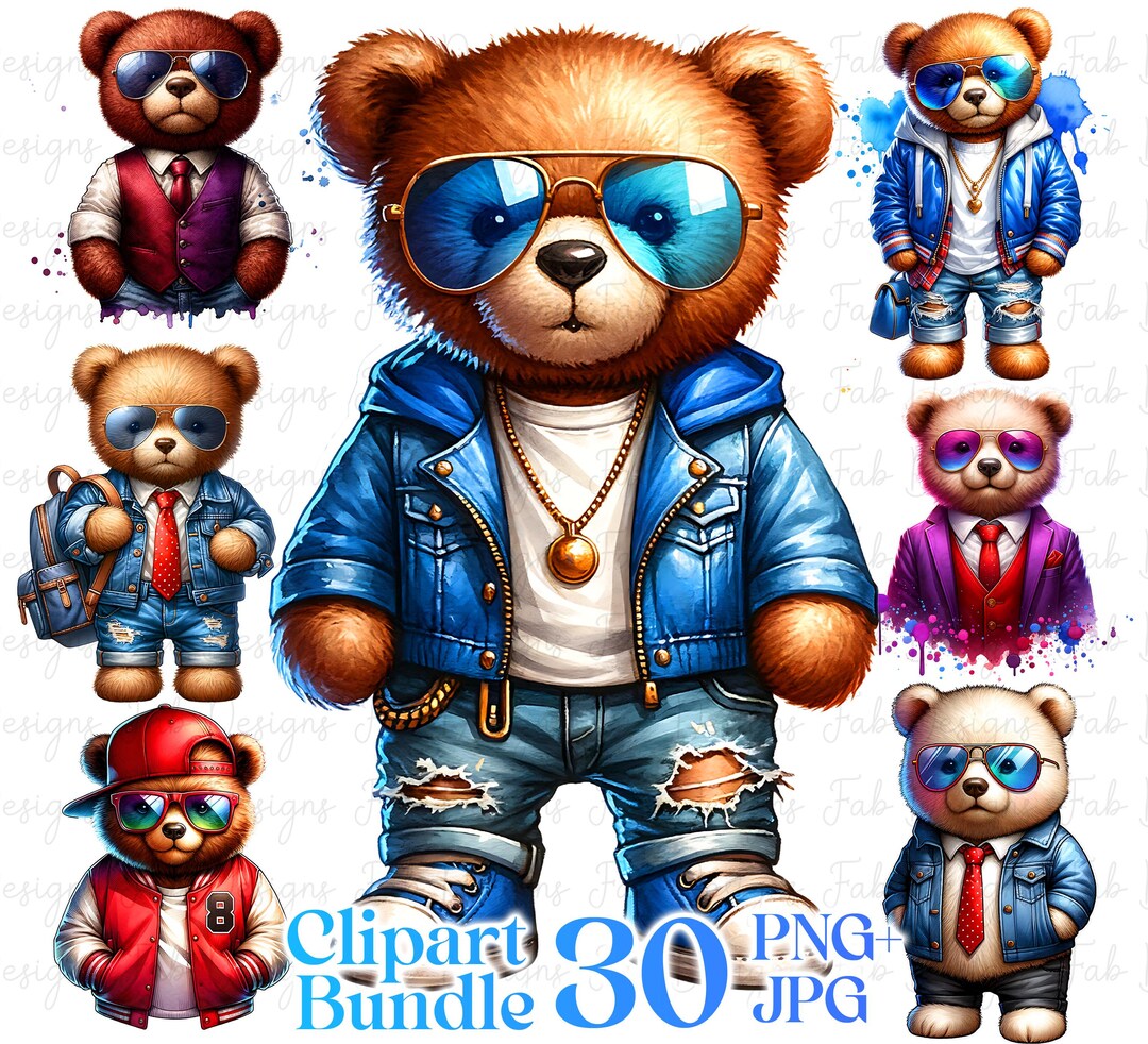 30 Watercolor Cool Bear Collection Clipart Bundle, Birthday Clipart ...