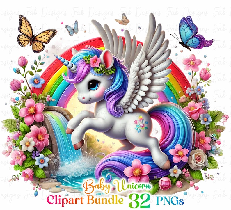 Baby Unicorn Clipart Bundle: Rainbow Unicorn Graphics (digital Download ...