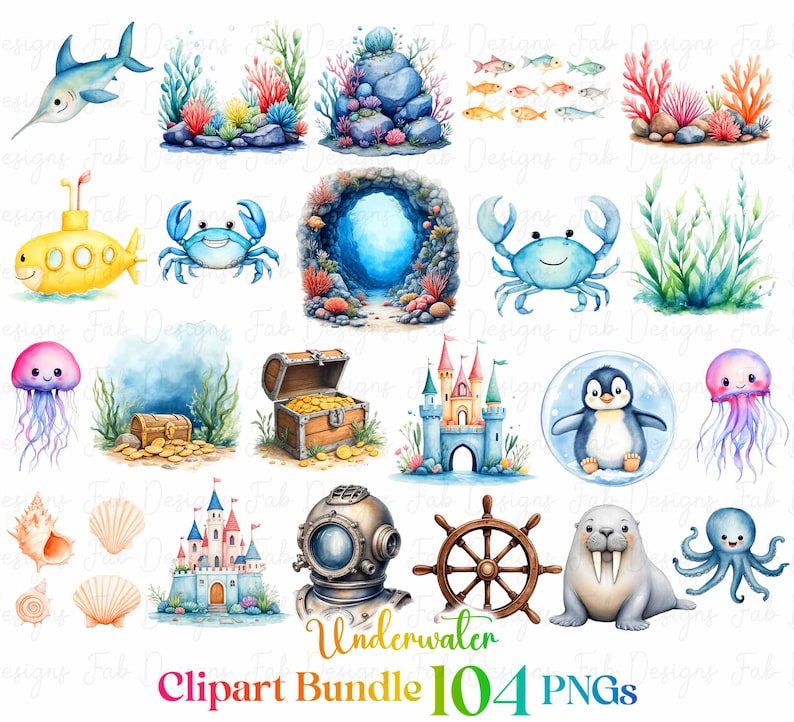 Watercolor Undersea Clipart: Sea Animals, Baby Shower (digital Download ...