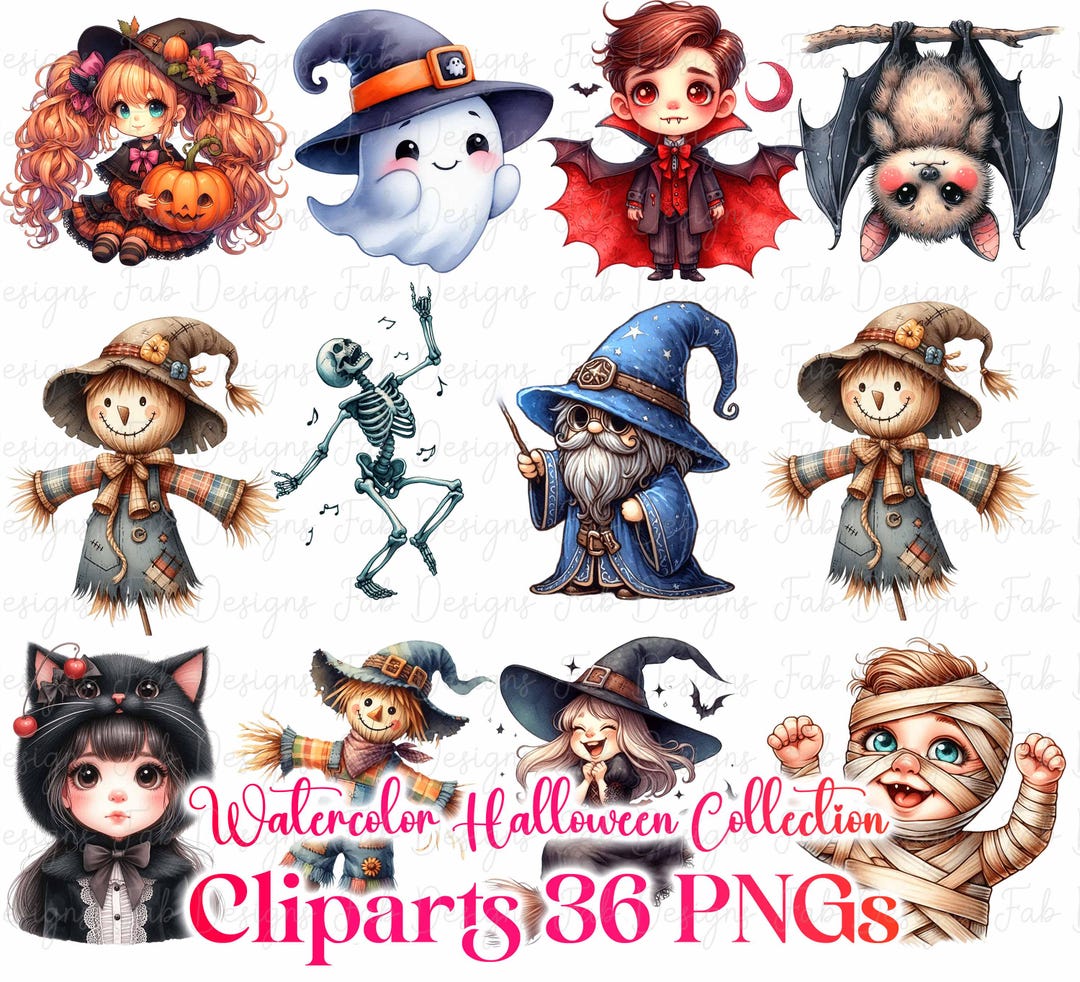 36 Cute Halloween Watercolor Clipart Bundle, Witch Clipart, Black Cat ...