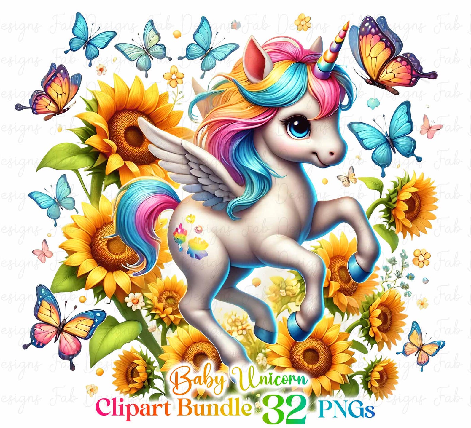 Baby Unicorn Clipart Bundle: Rainbow Unicorn Graphics (digital Download ...