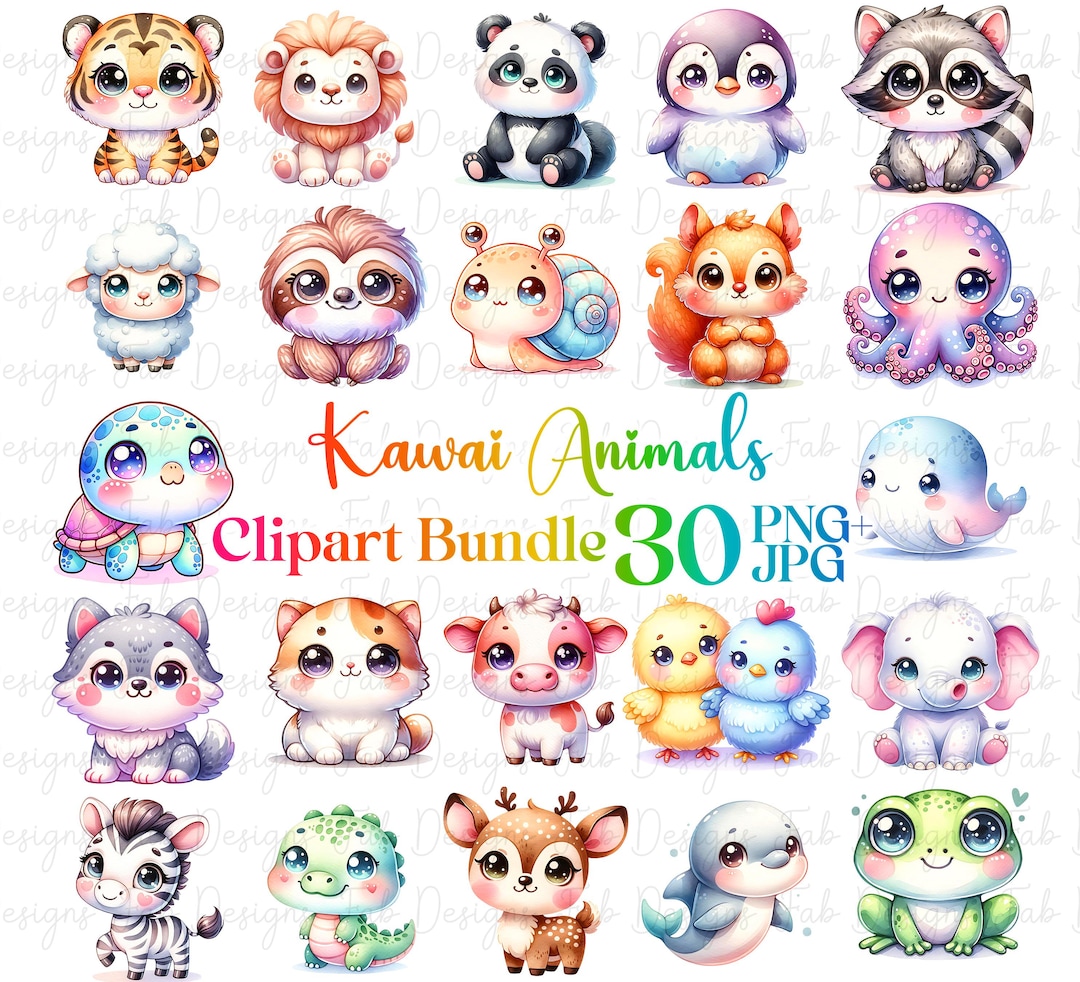 115 Kawai Animals Clipart, Cute Wild One Birthday Watercolor Baby ...