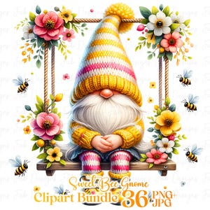Watercolor Bee Gnome Clipart Bundle: Flower Garden PNG Graphics ...
