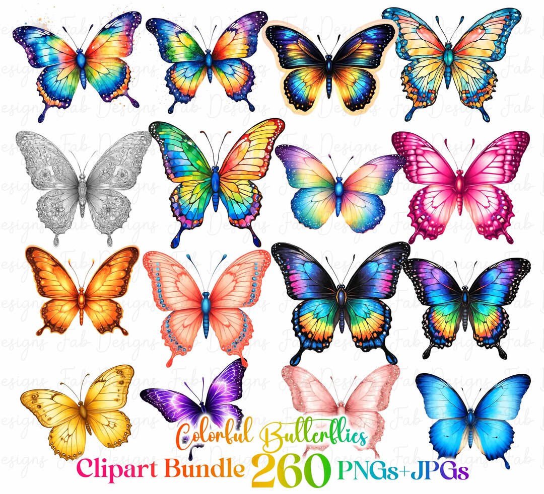 Watercolor Butterfly Clipart Bundle: Rainbow, Lilac, & Neon (digital ...
