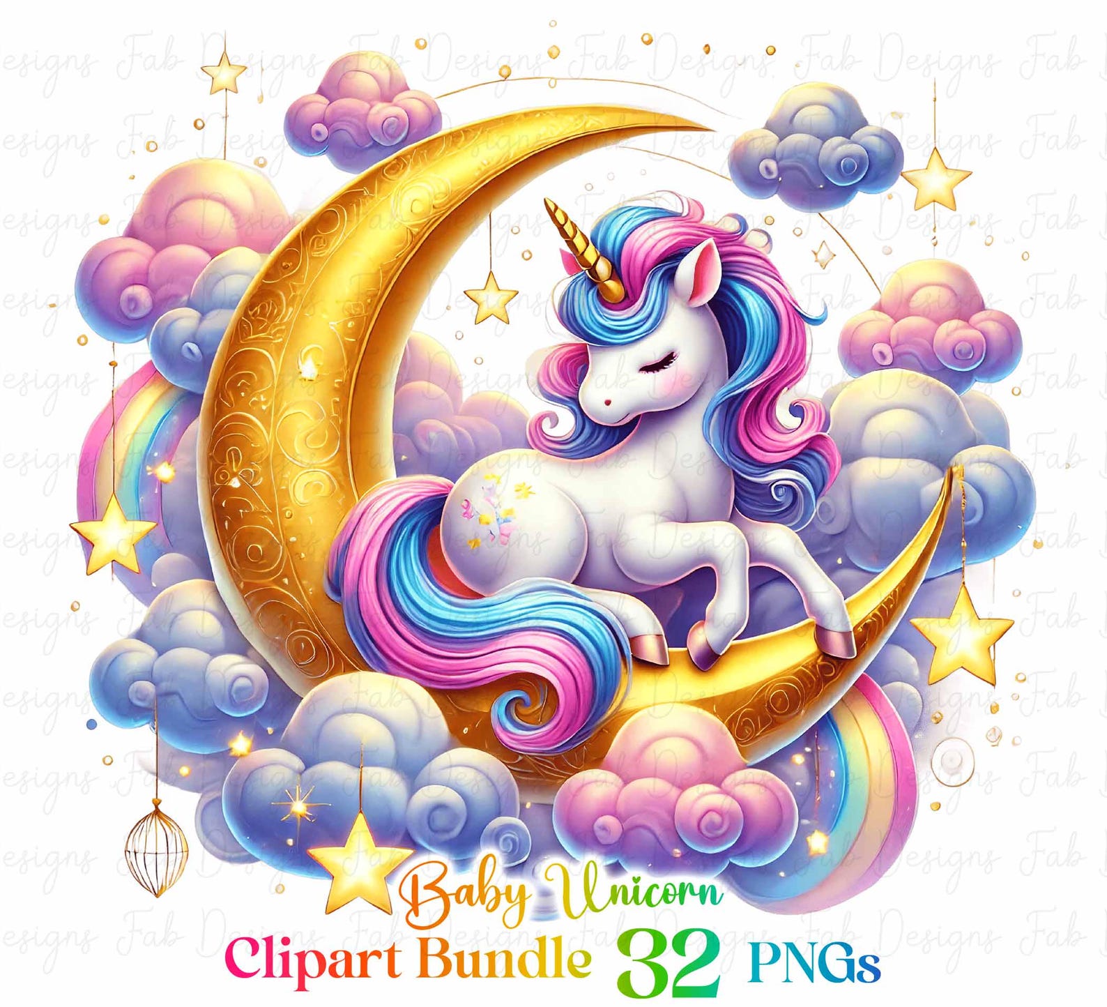 Baby Unicorn Clipart Bundle: Rainbow Unicorn Graphics (digital Download ...