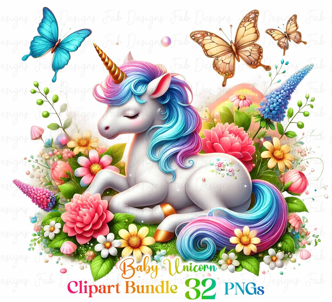 Baby Unicorn Clipart Bundle: Rainbow Unicorn Graphics (digital Download ...