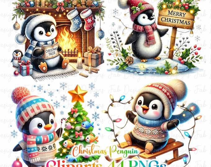 12 Winter Penguin Clipart PNG and JPG, Set 1, Christmas Penguin Clipart ...