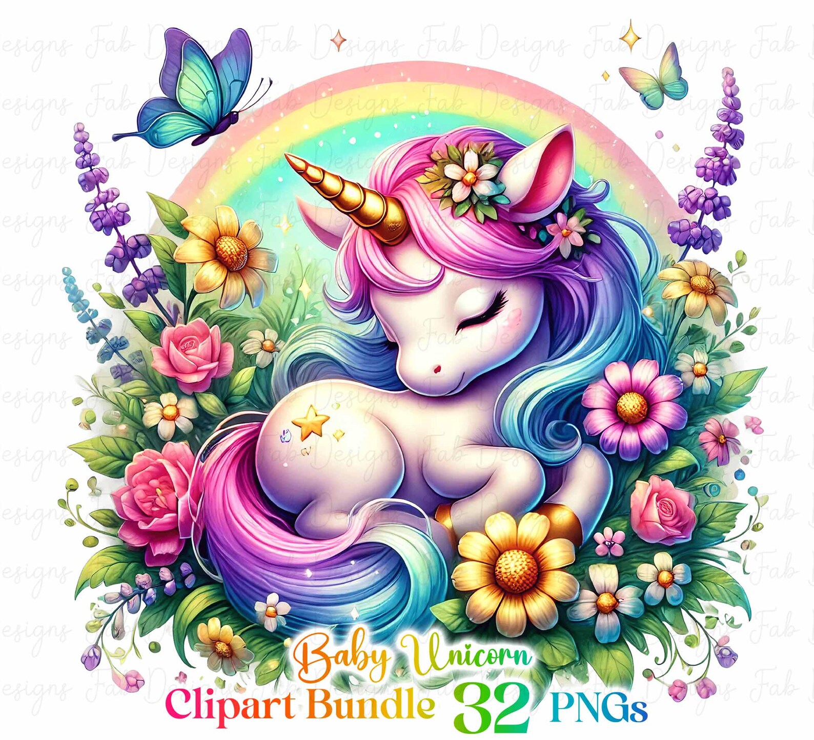 Baby Unicorn Clipart Bundle: Rainbow Unicorn Graphics (digital Download ...