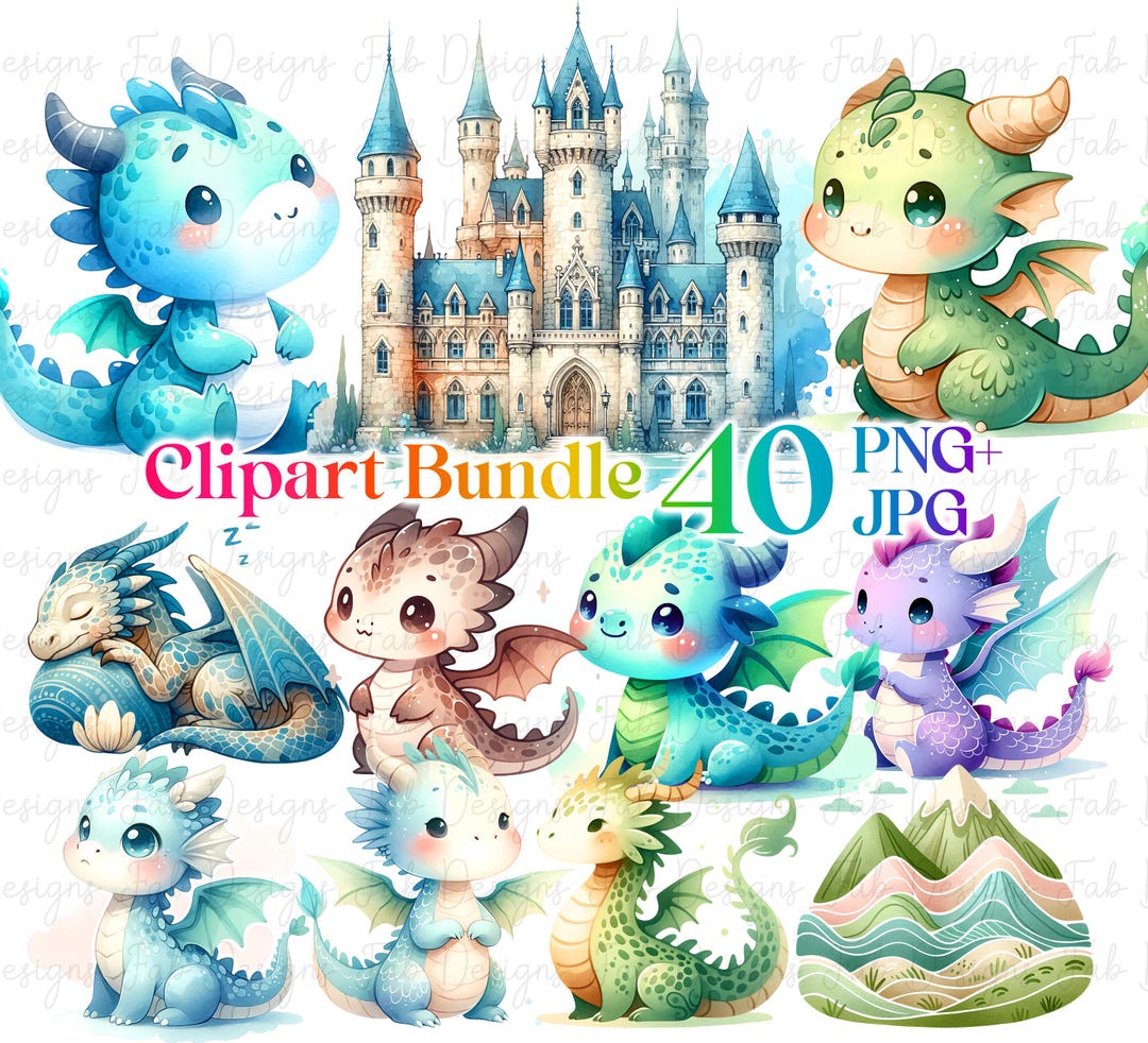 40 Baby Dragons PNG Bundle, Cute Dragon,watercolor Dragon Clipart ...