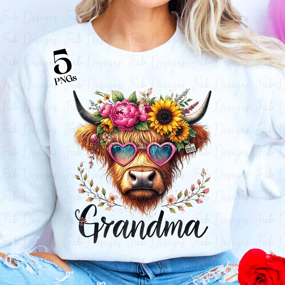 5 Grandma Highland Cow Png, Cowhide Png, Cute Grandma Cow Sublimation ...