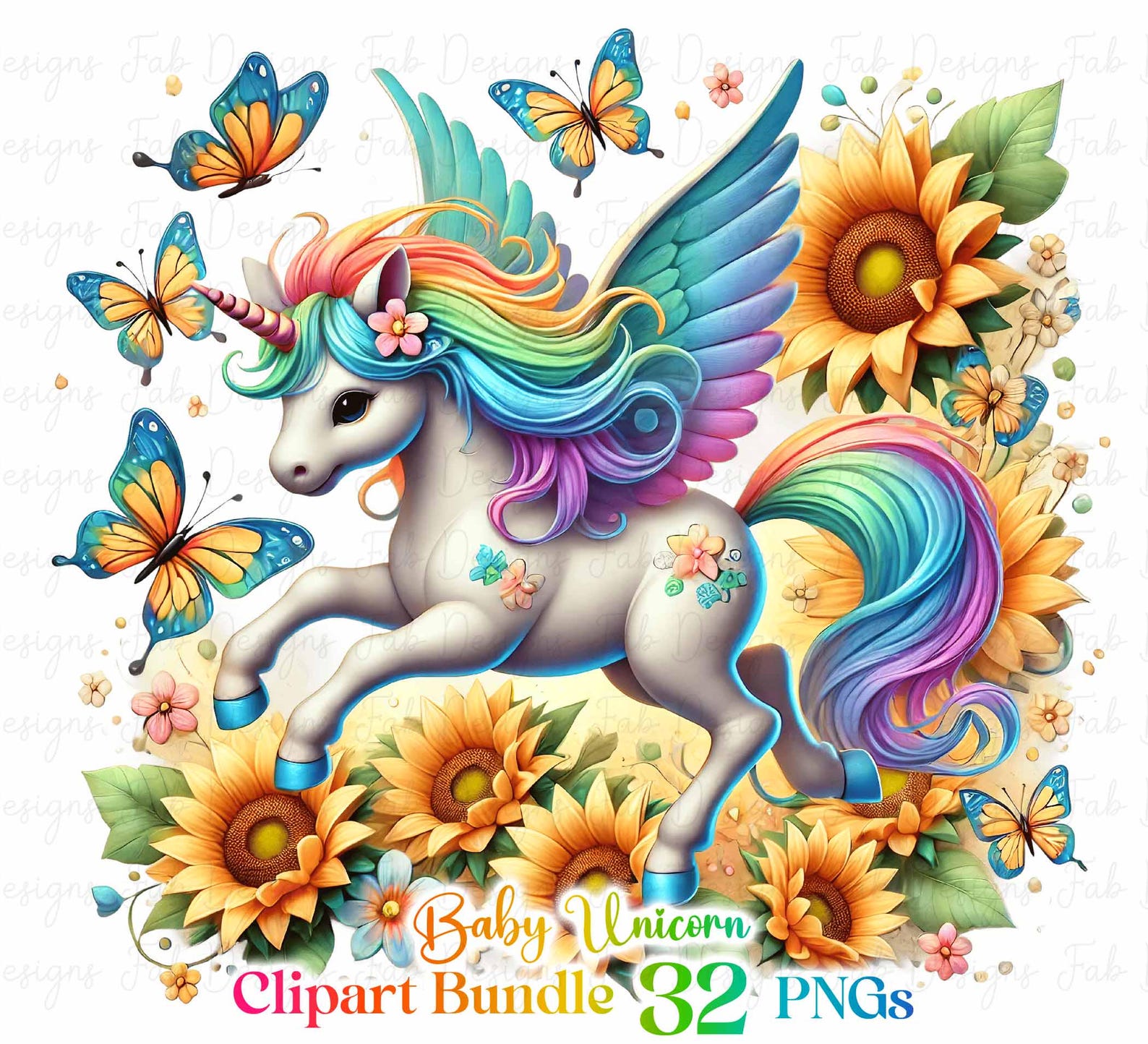Baby Unicorn Clipart Bundle: Rainbow Unicorn Graphics (digital Download ...