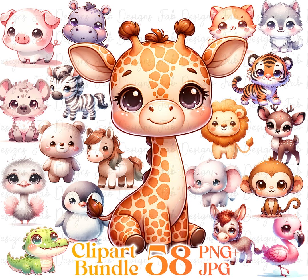 58 Watercolor Cute Safari Animals Clipart Bundle,cute Safari Animal ...