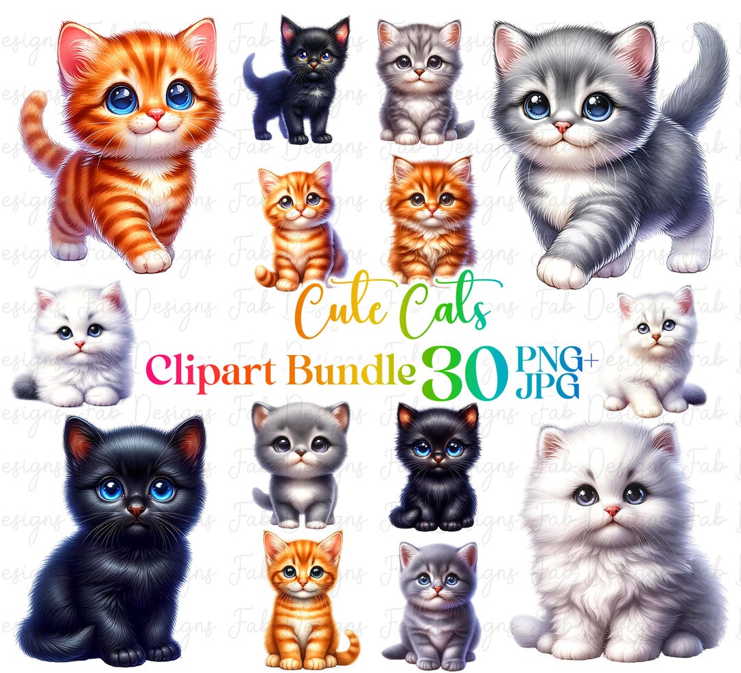 30 Cute Cats Animals Clipart,cute Wild One Birthday Watercolor Baby ...