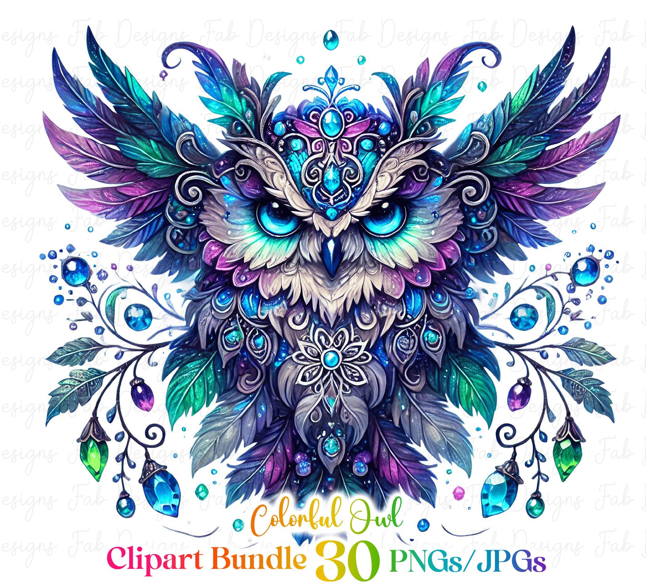 30 Owl Clipart Bundle, Sparkling Owl Sublimation Clipart, Colorful Owls ...