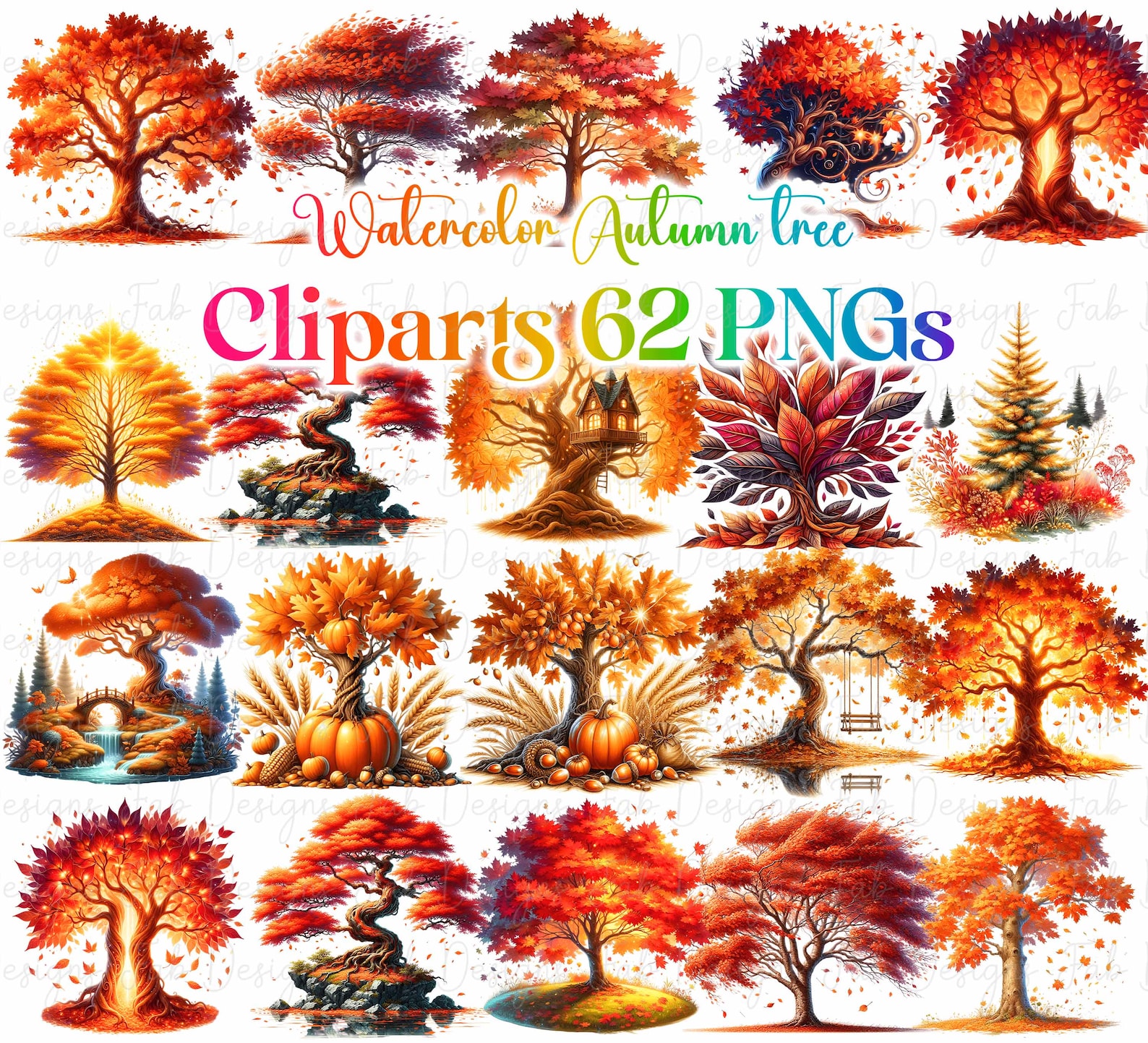 Watercolor Autumn Tree Clipart Bundle: Fall Tree Border (digital ...