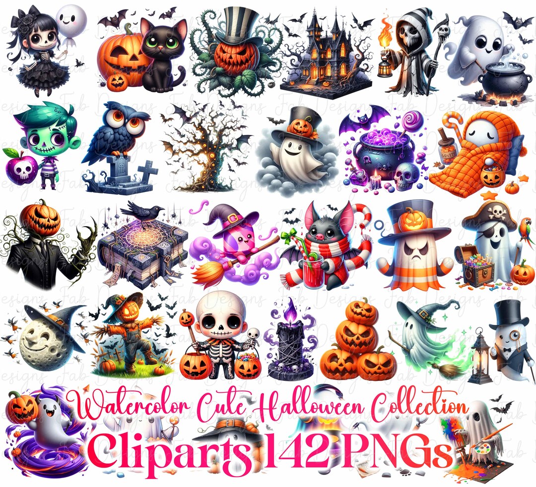 142 Cute Halloween Watercolor Clipart Bundle, Witch Clipart, Black Cat ...