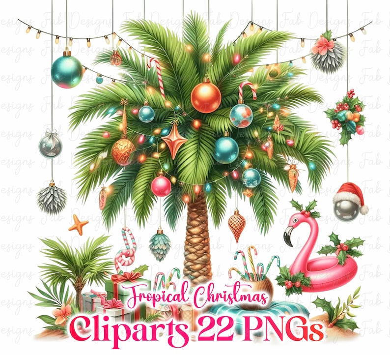 Christmas Palm Tree Clipart: Tropical Beach Holiday Designs (digital ...