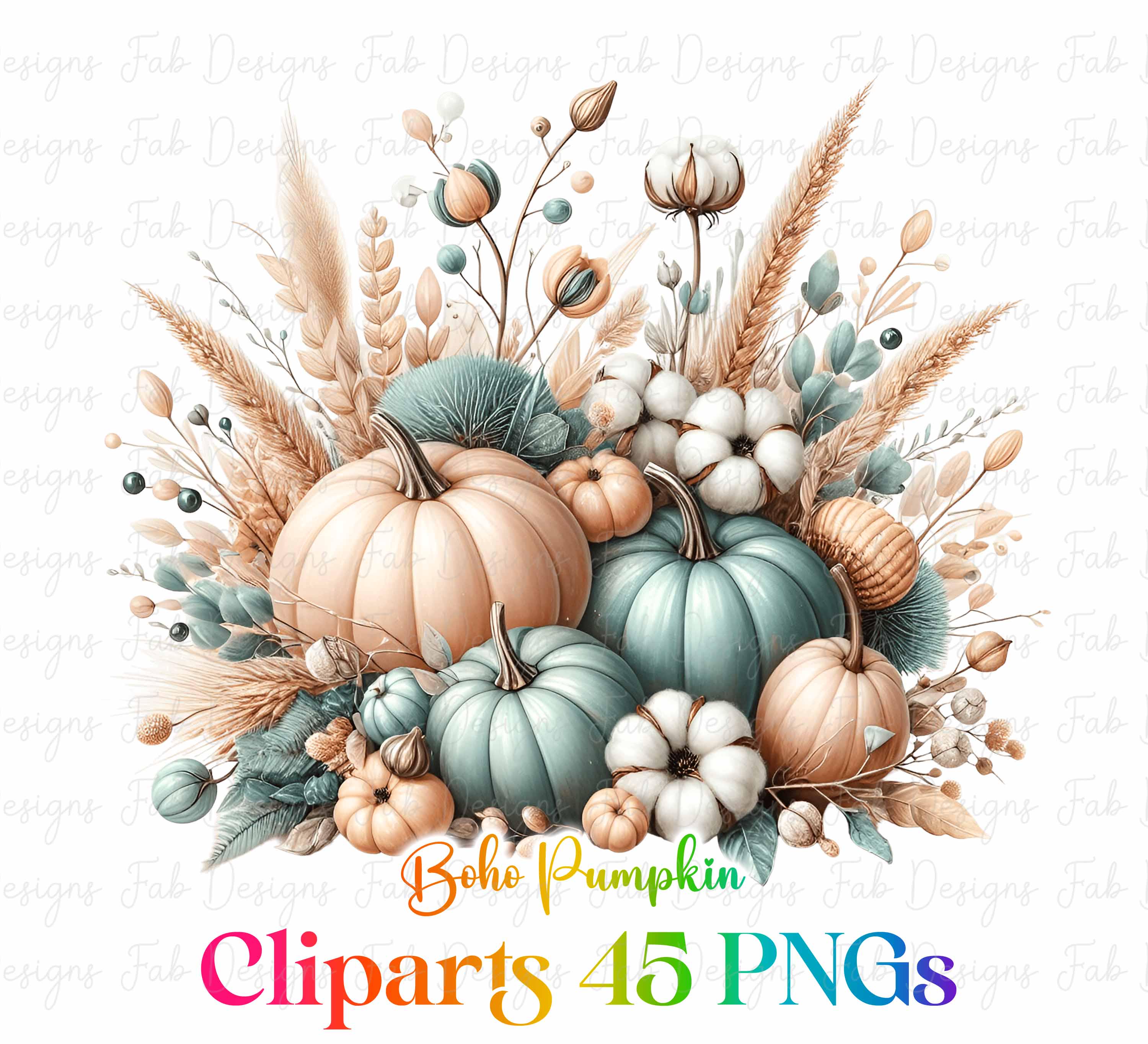Boho Pumpkin Clipart: Floral Fall Designs (digital Download PNG Set of ...
