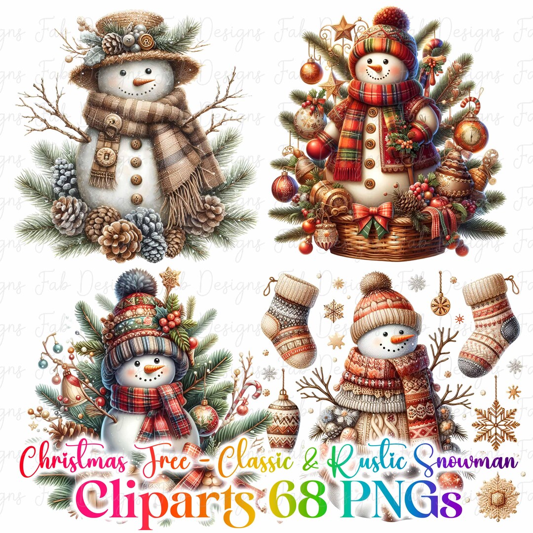 Rustic Snowman Christmas Tree Clipart: Classic Holiday PNG (digital ...