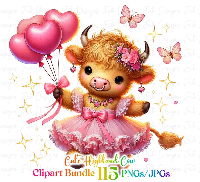 115 Cute Baby Highland Cow Flowers Clipart Bundle Highland Cow Clipart ...