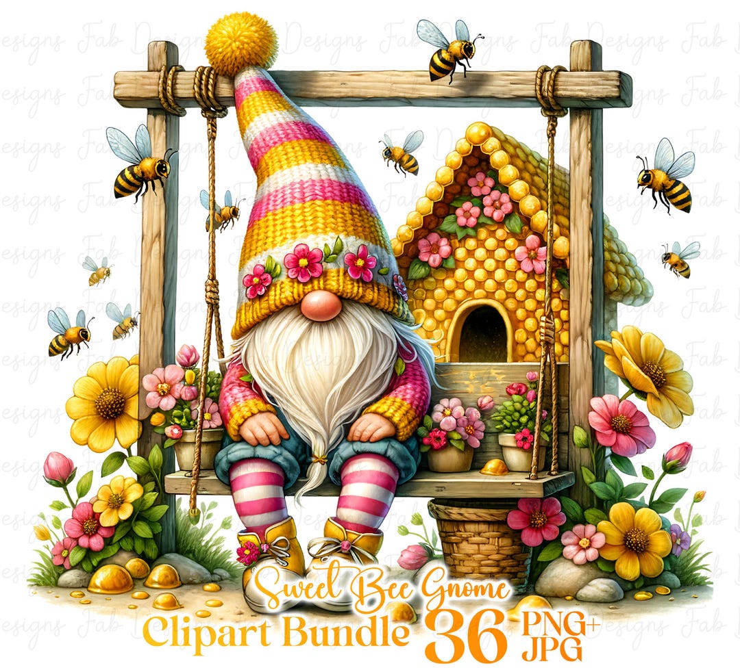 Watercolor Bee Gnome Clipart Bundle: Flower Garden PNG Graphics ...