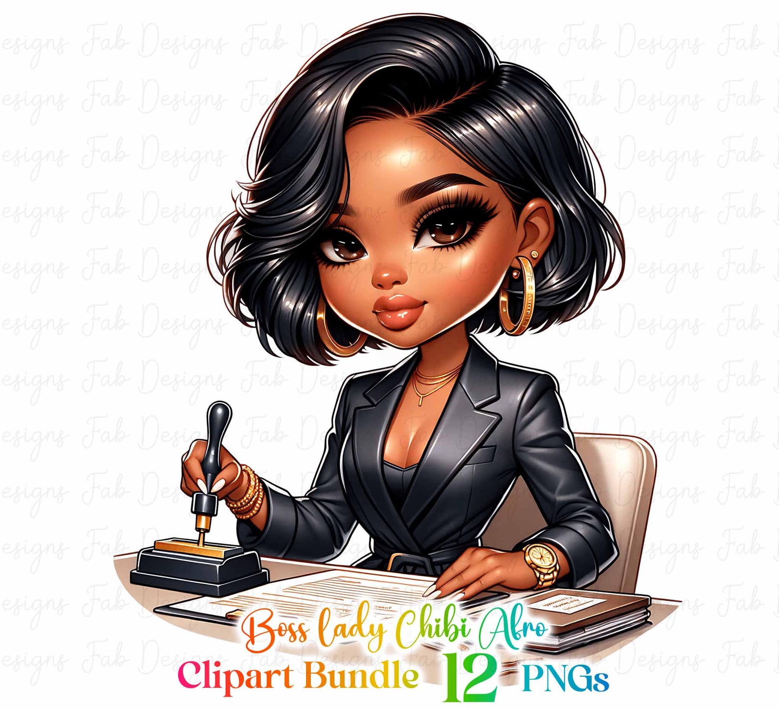 Chibi Boss Lady Afro Clipart Bundle: Fashion Girl Graphics (digital ...