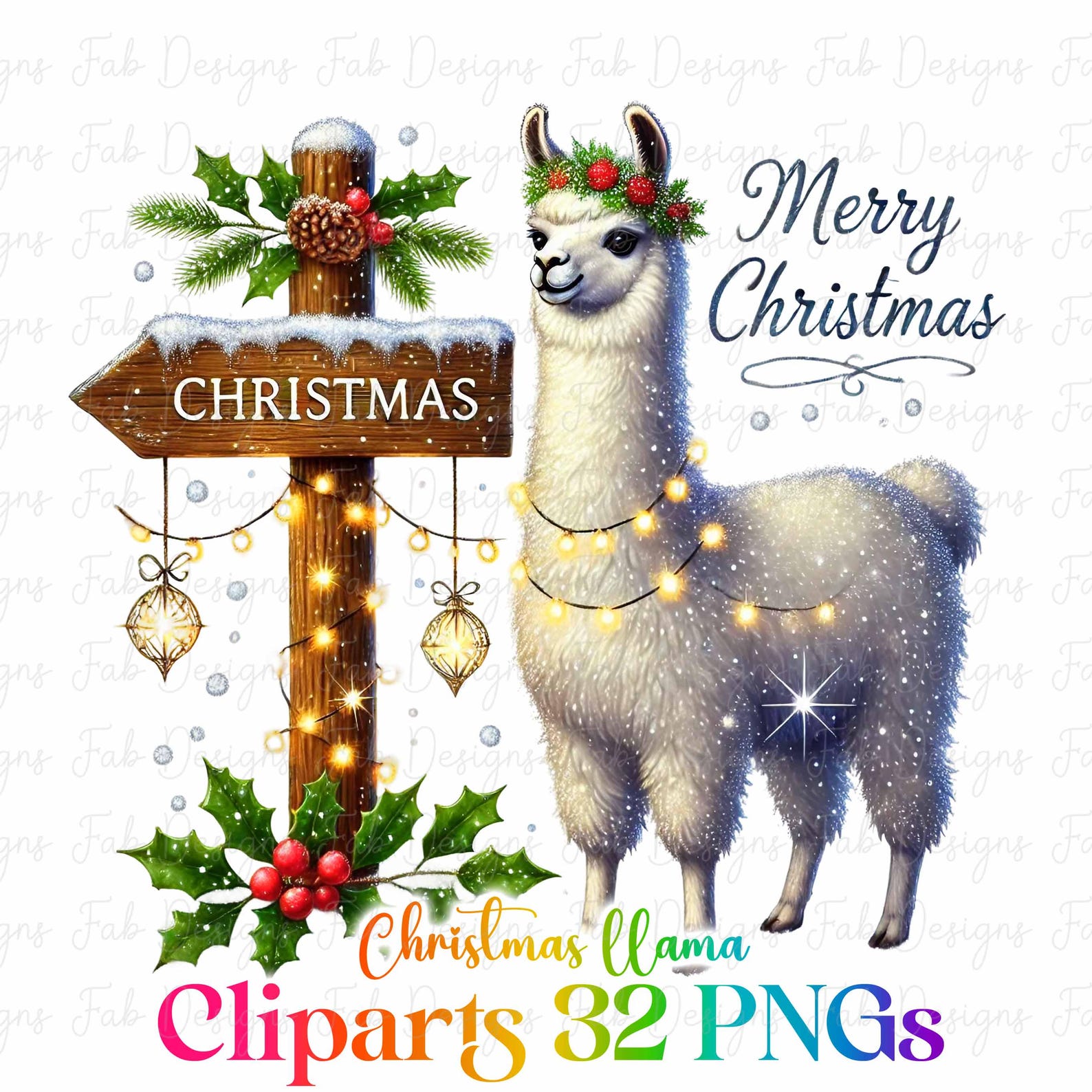 Christmas Llama PNG Clipart, Holiday Alpaca With Wreath & Gift, Festive ...