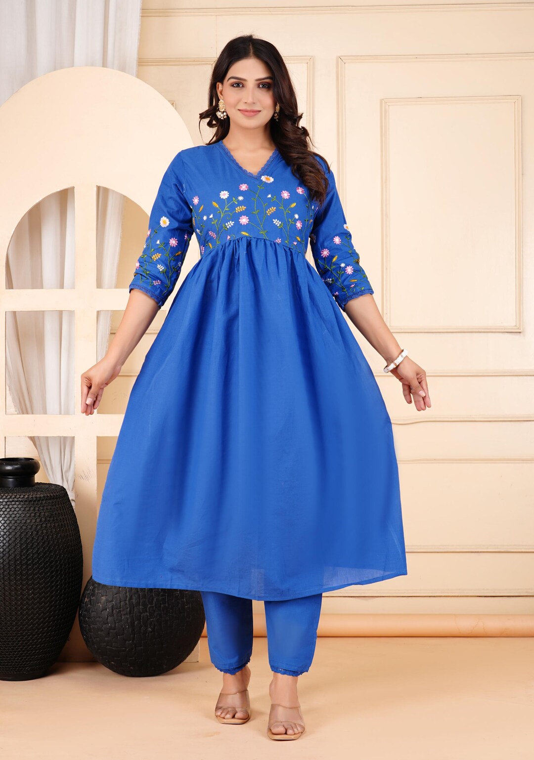 Indian Traditional Rajasthani Anarkali V-neck Blue Kurti Set, Anarkali ...