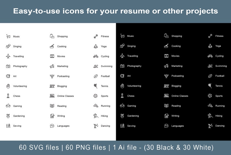 Hobby Icons, Resume Icons, in SVG and PNG to Use in Your Daily Planner ...