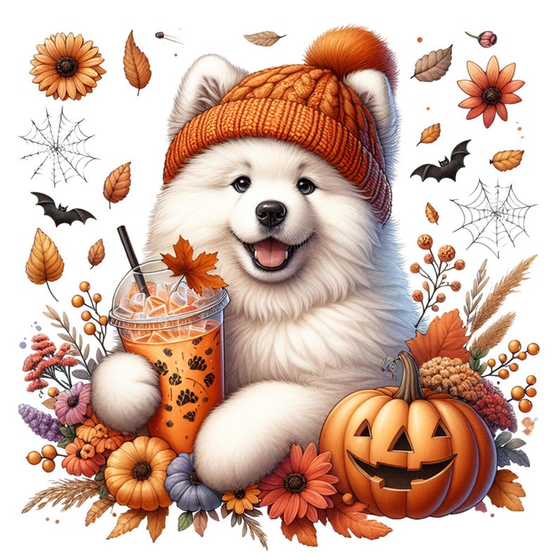 Halloween Dog Clipart: Fluffy White Puppy With Pumpkin Drink & Fall ...