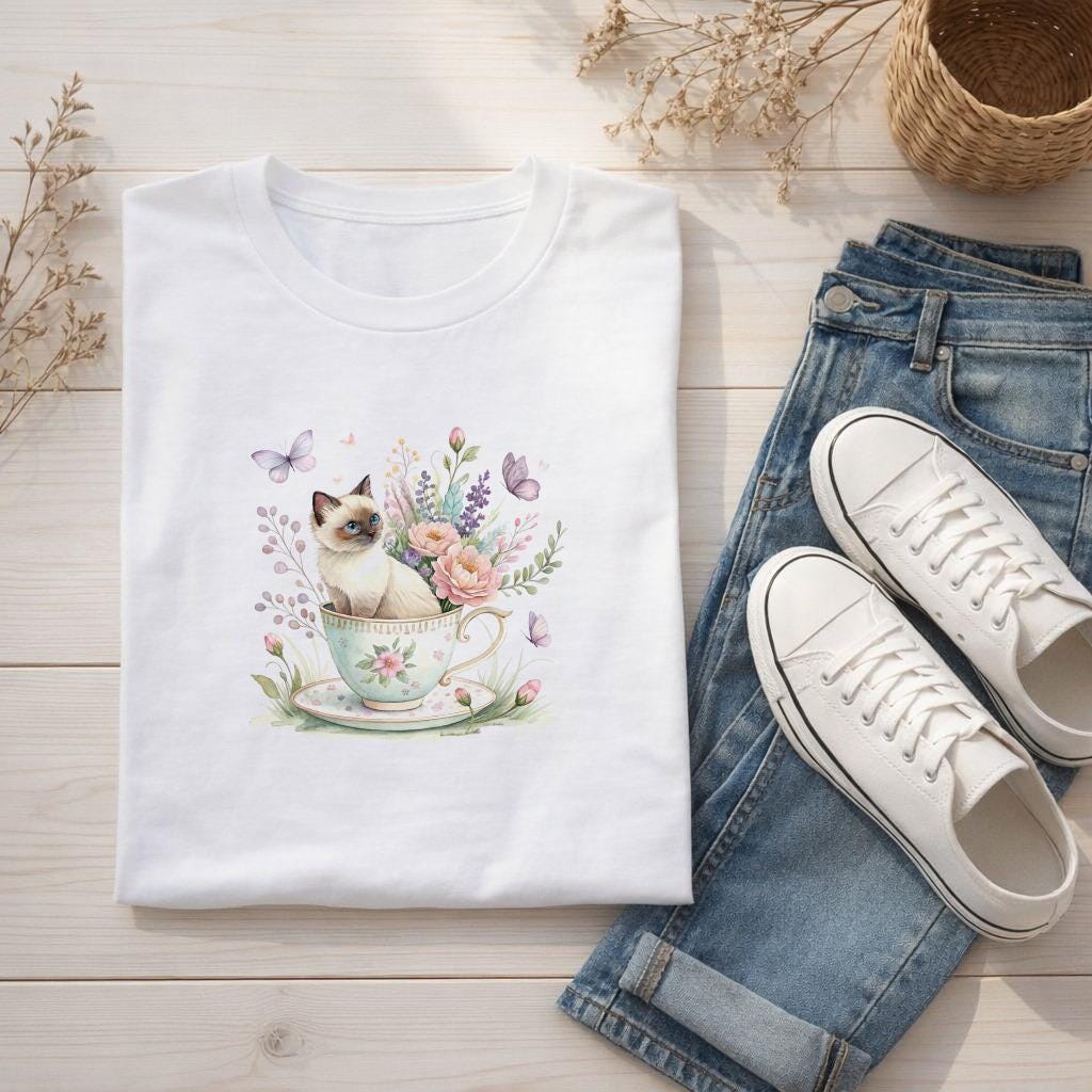 Siamese Cat Teacup PNG, Floral Kitty Watercolor Art, Cottagecore ...