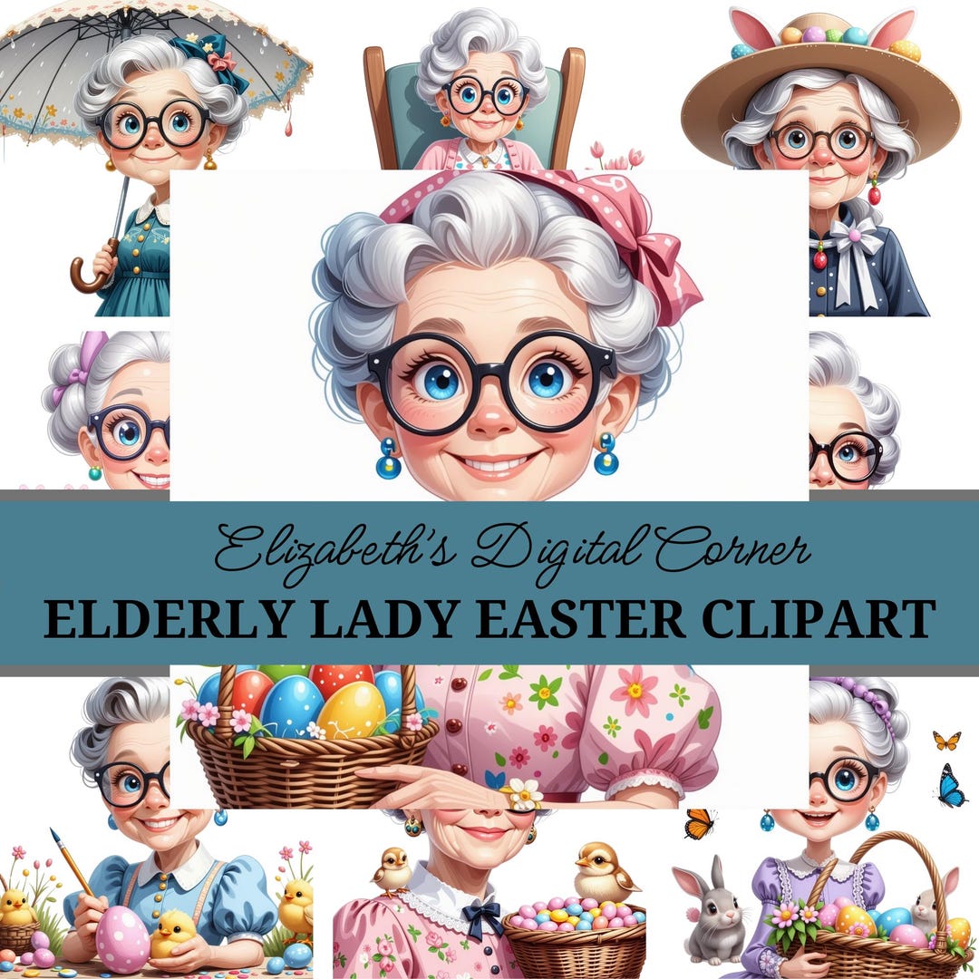 Elderly Lady Easter Clipart Bundle, Cute Grandma Clipart Set, Digital ...