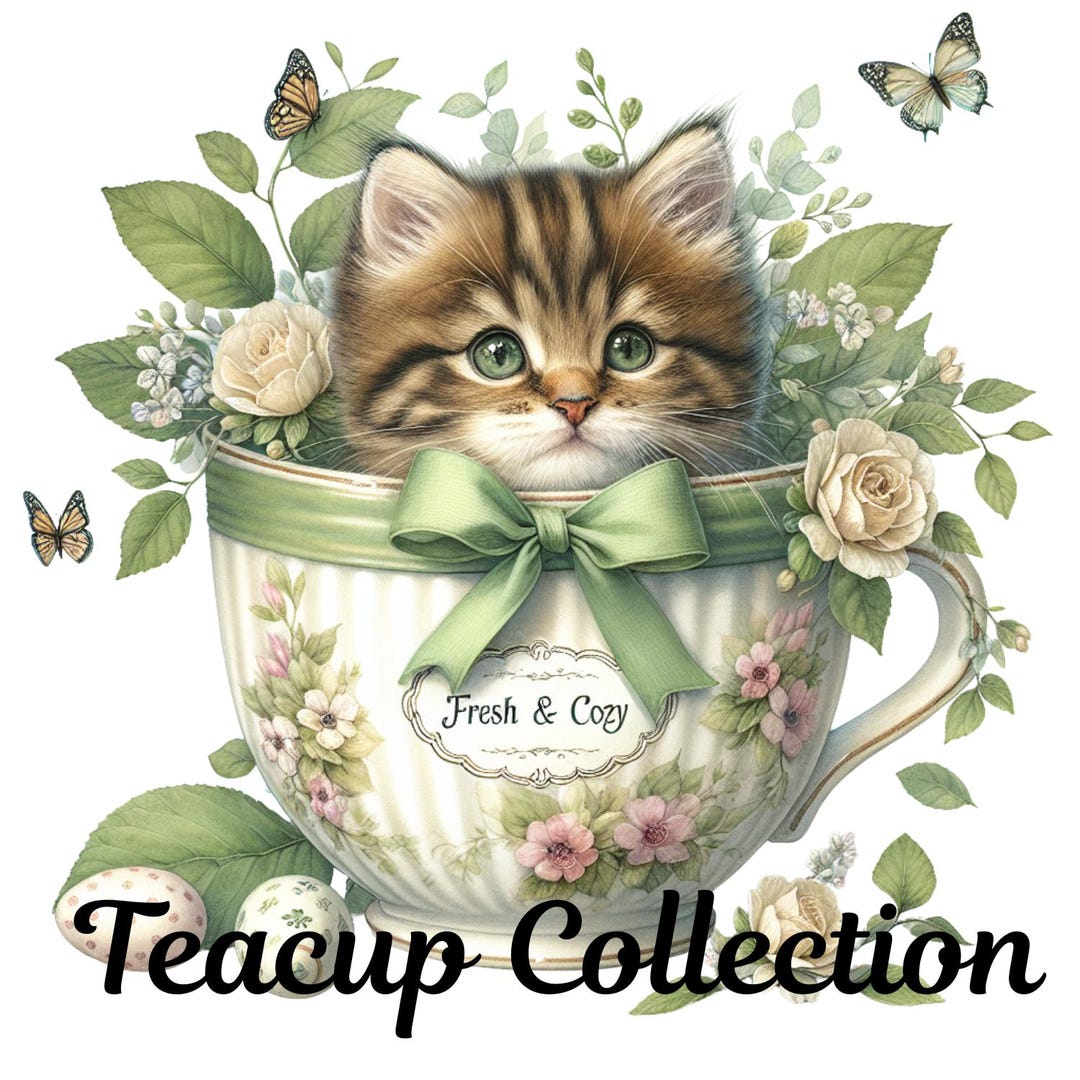 Fresh and Cozy Tabby Kitten PNG, Green Ribbon Teacup Clipart, Spring ...