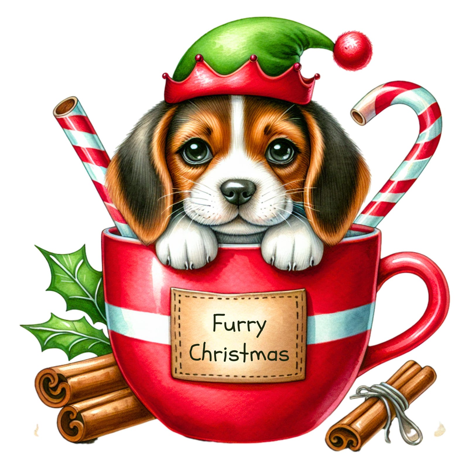 Beagle Puppy Christmas Clipart: Elf Hat Dog in Mug (PNG) - Etsy