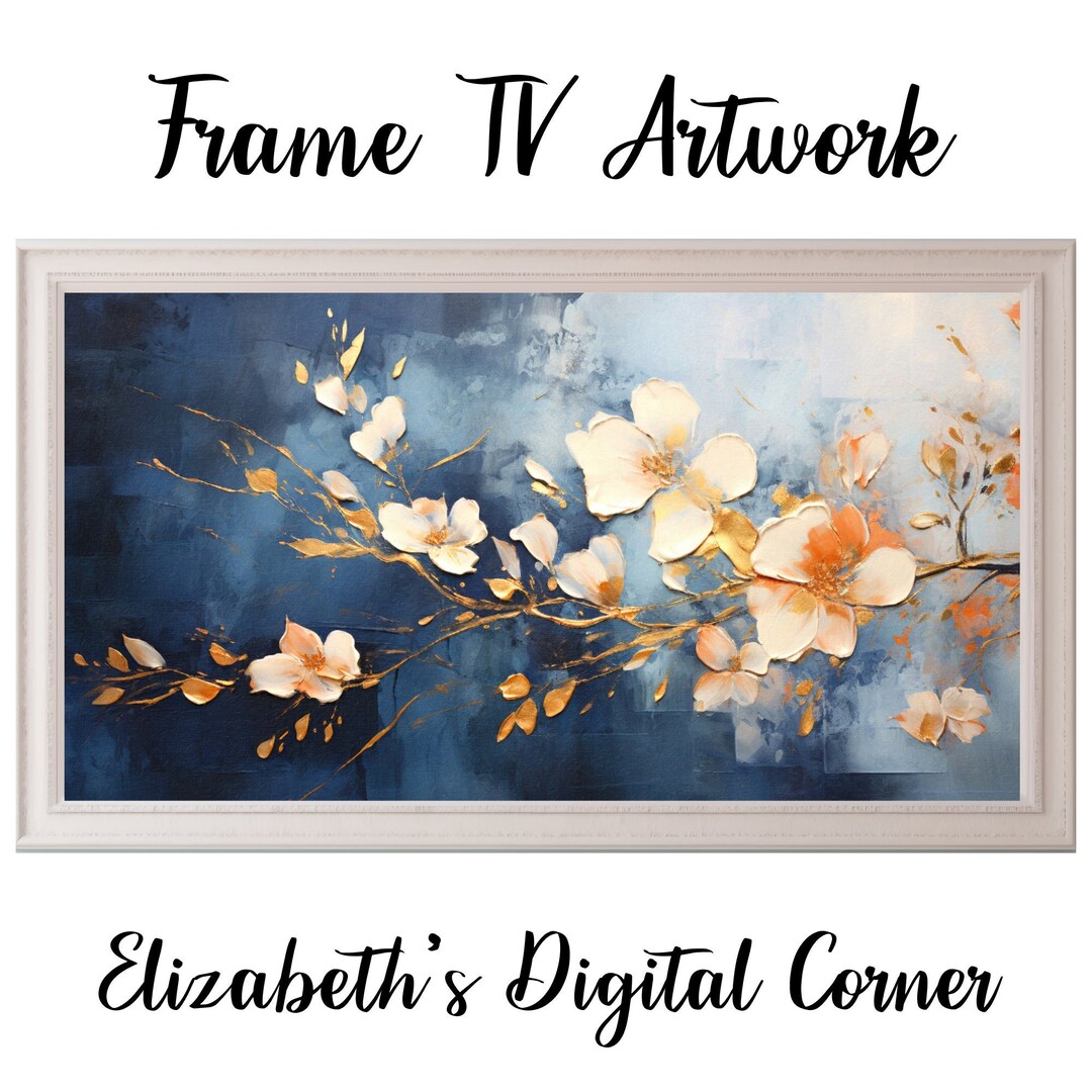 TV Frame Art | Blue and Gold Floral Abstract | Elegant Digital Download ...