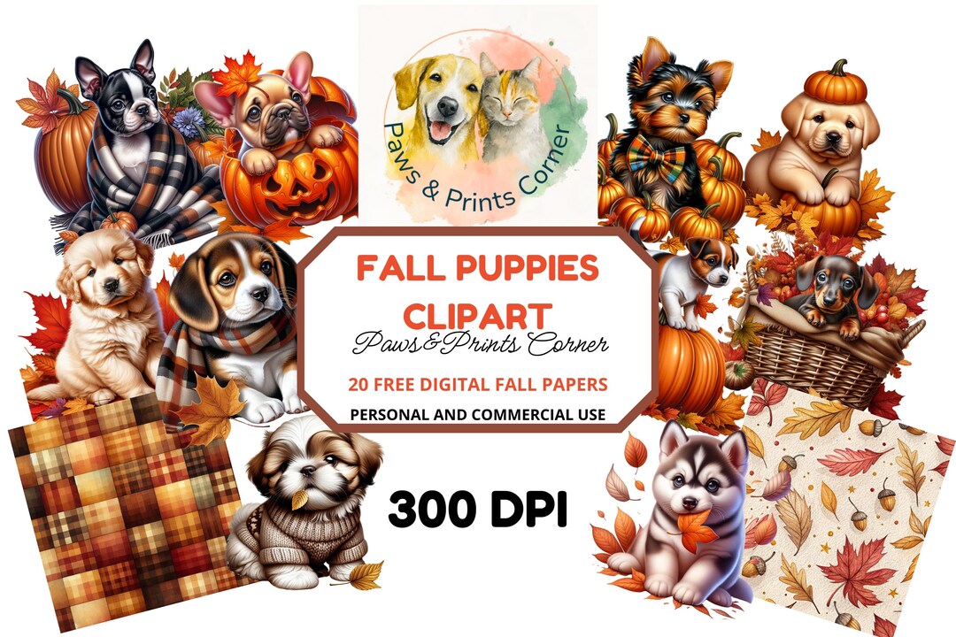 Fall Puppy Clipart Set: Autumn Dog Illustrations With Leaves & Pumpkins ...