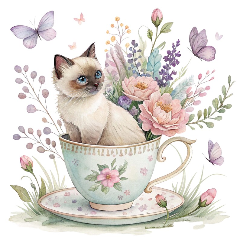 Siamese Cat Teacup PNG, Floral Kitty Watercolor Art, Cottagecore ...