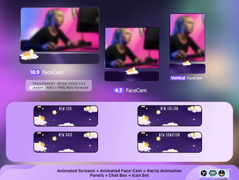 Animated Scene moon Kitten Stream Overlay Twitch Youtube Cat Kitty Cloud Star Pastel Sky ...