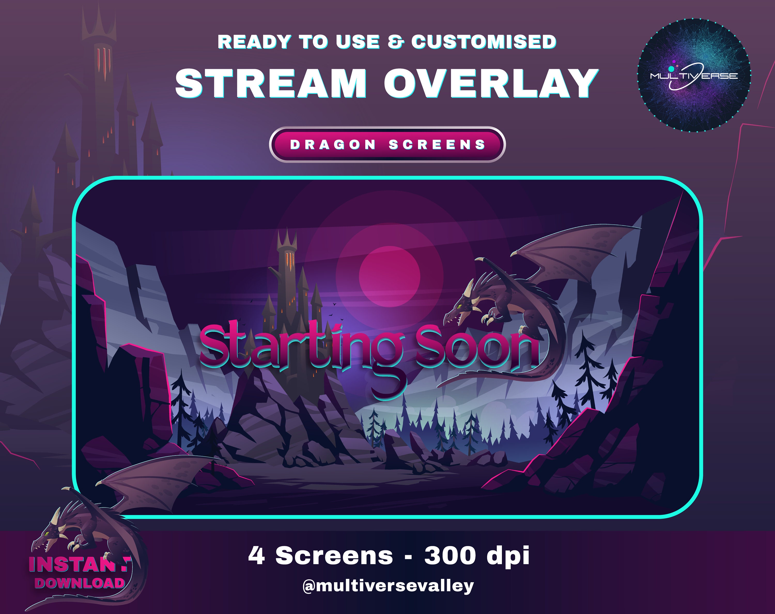 Dragon Theme Twitch Overlay Package Purple Dragon Screens, Separate PNG ...