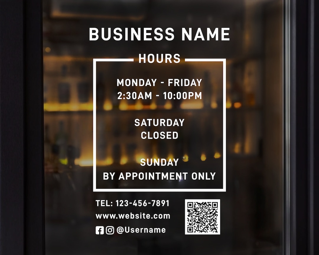 Custom Storefront Hours Decal - Business Signage - Personalized QR Code ...