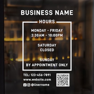 Custom Storefront Hours Decal - Business Signage - Personalized QR Code ...