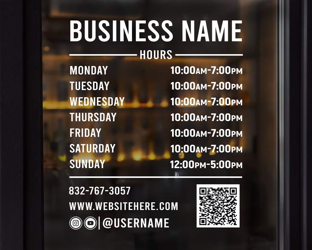 Shop Hours Decal - Custom Hour Decal -hours With QR Code - Custom ...
