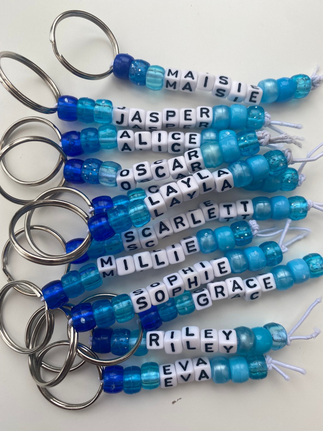 Personalised Name & Word Bead Keyrings | Keychain | Bag Charms | School ...