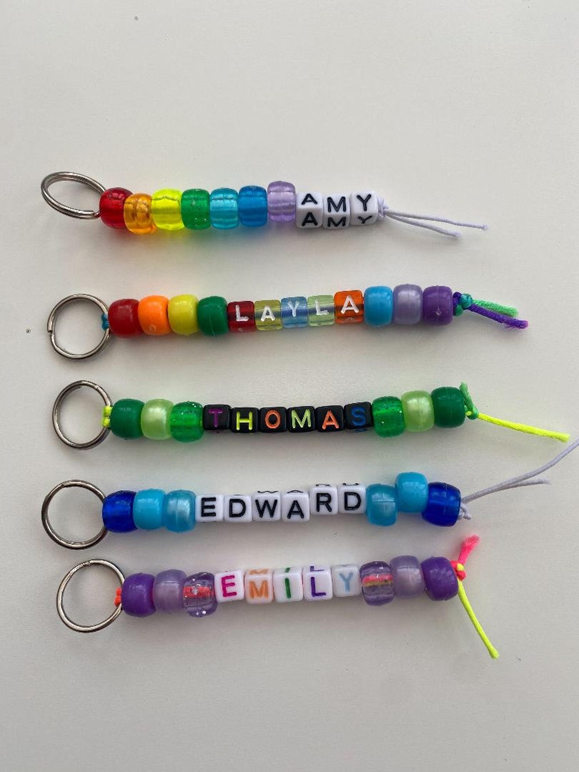 Personalised Name & Word Bead Keyrings Keychain Bag Charms School ...