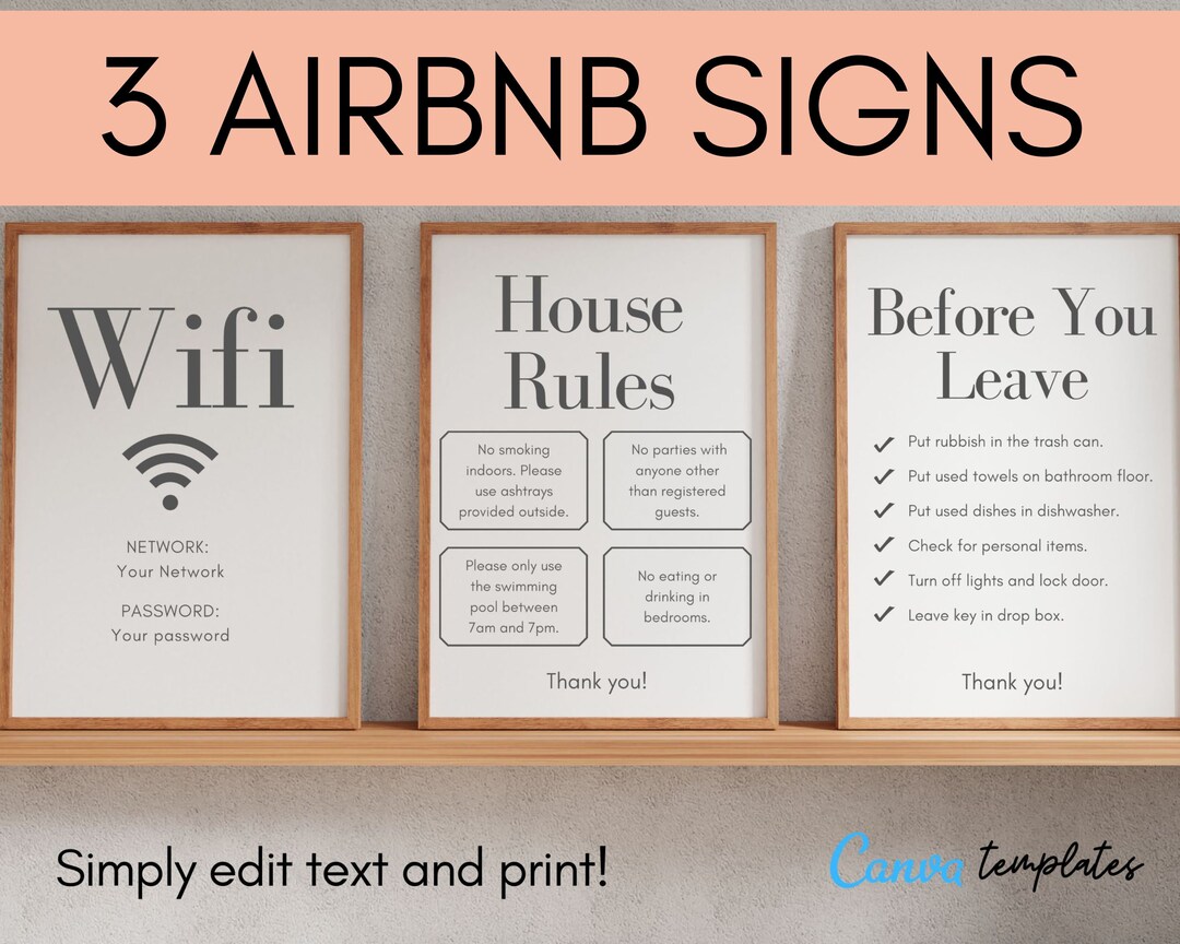 Airbnb Signs Set of 3, Airbnb Signage, Airbnb Sign Templates, Wifi ...