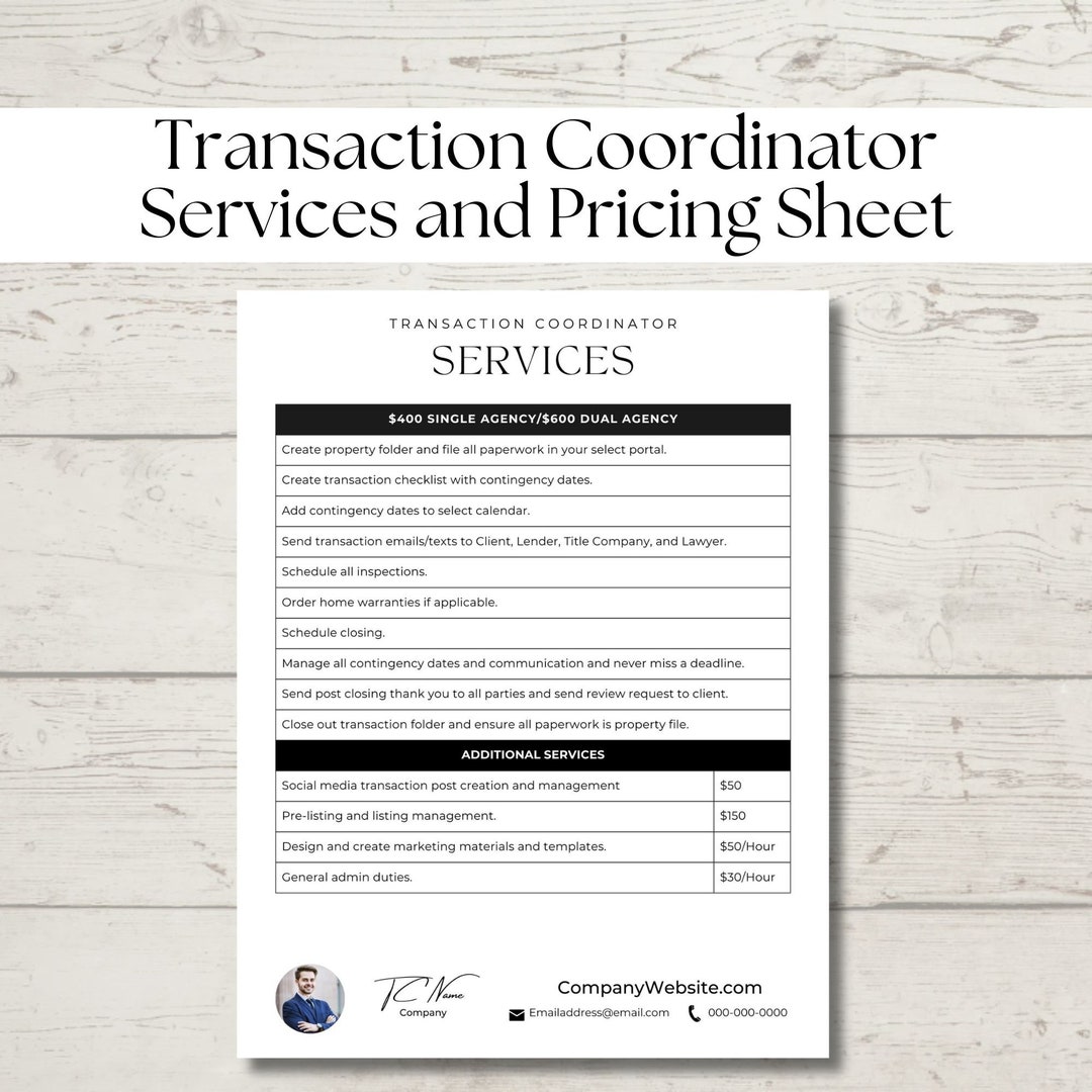 Transaction Coordinator Services and Pricing Sheet for Real Estate ...