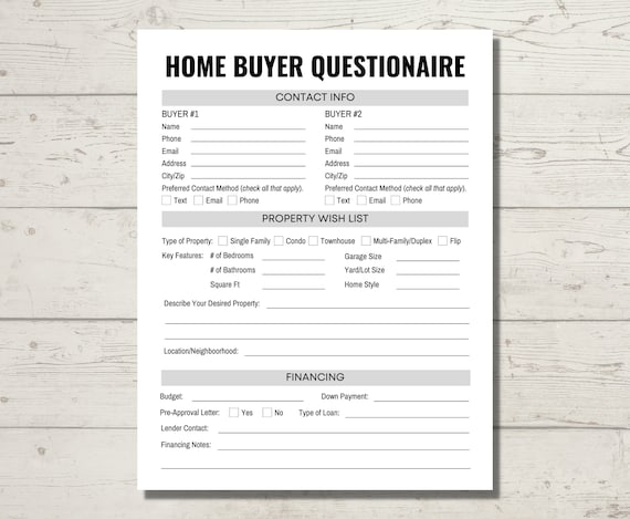 Home Buyer Questionnaire Fillable PDF - Etsy